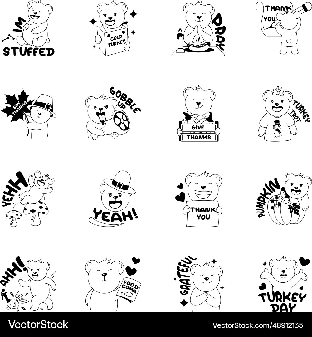 Cute thanksgiving celebration bear glyph stickers Vector Image