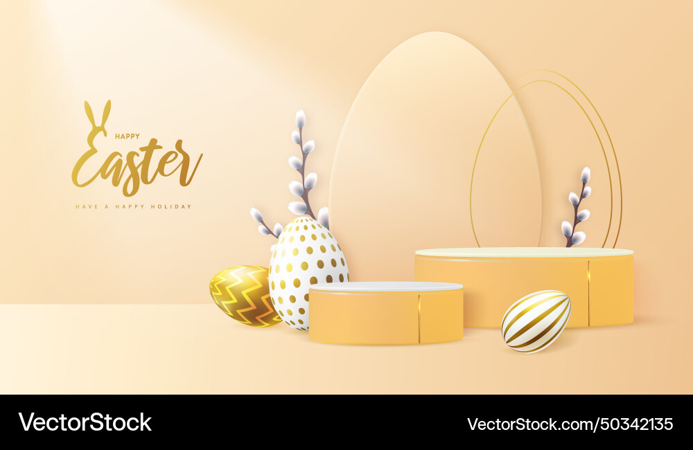 Easter background with 3d podium and eggs Vector Image