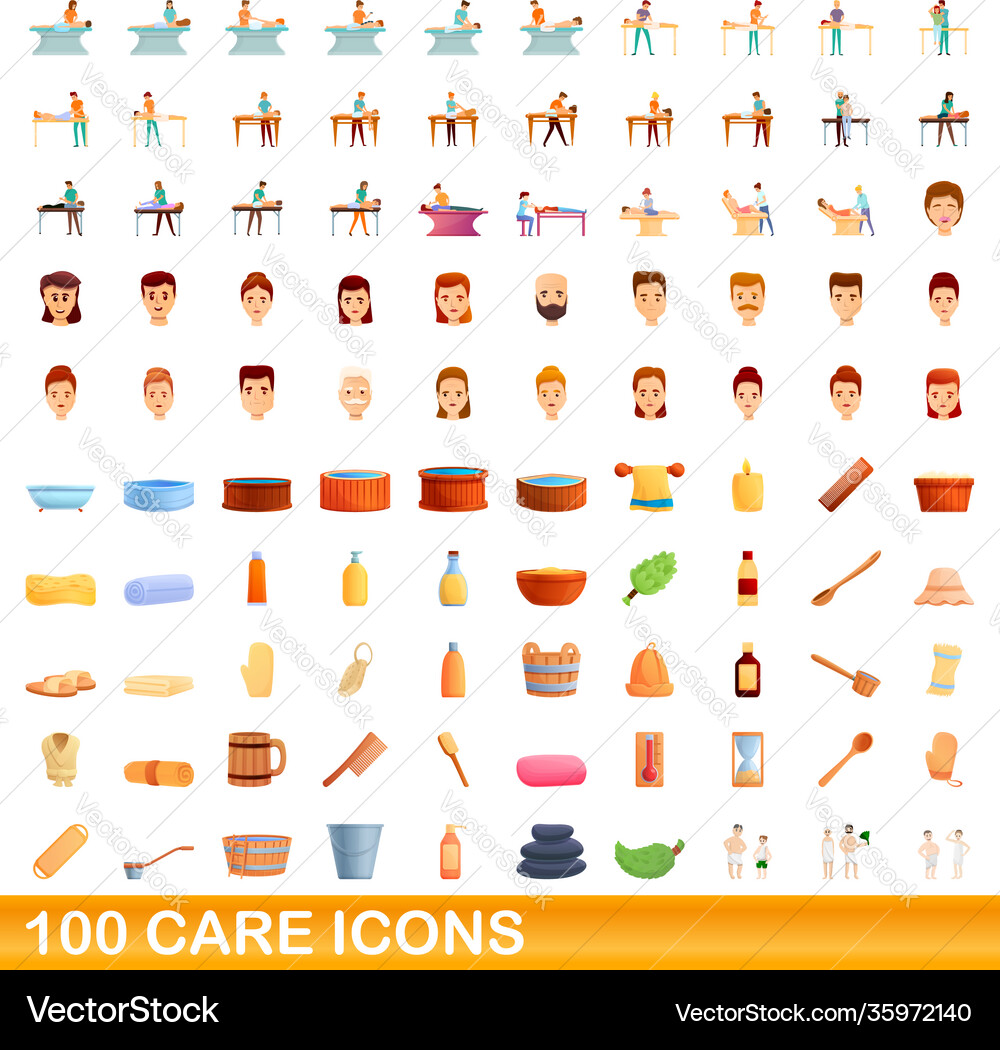100 care icons set cartoon style Royalty Free Vector Image