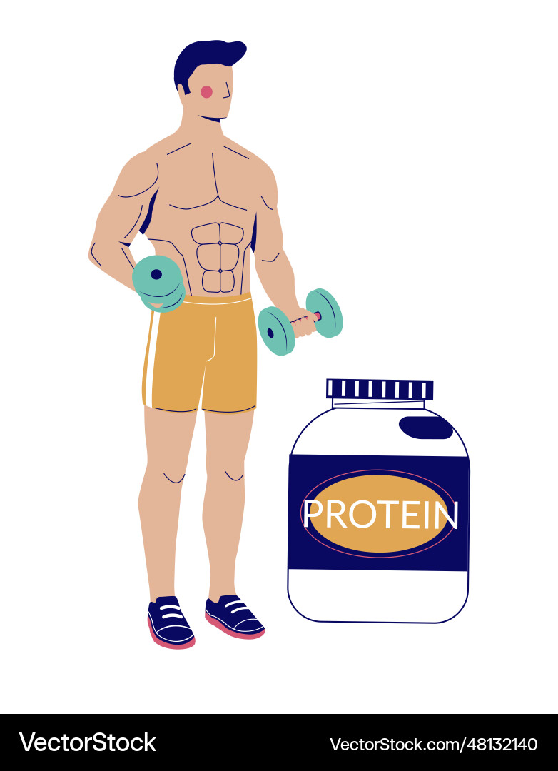 Young muscular bodybuilder standing nearby protein