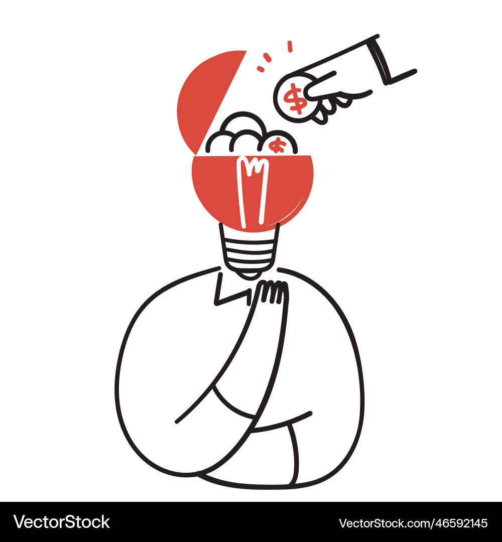 Hand drawn doodle put coin on bulb symbol for Vector Image