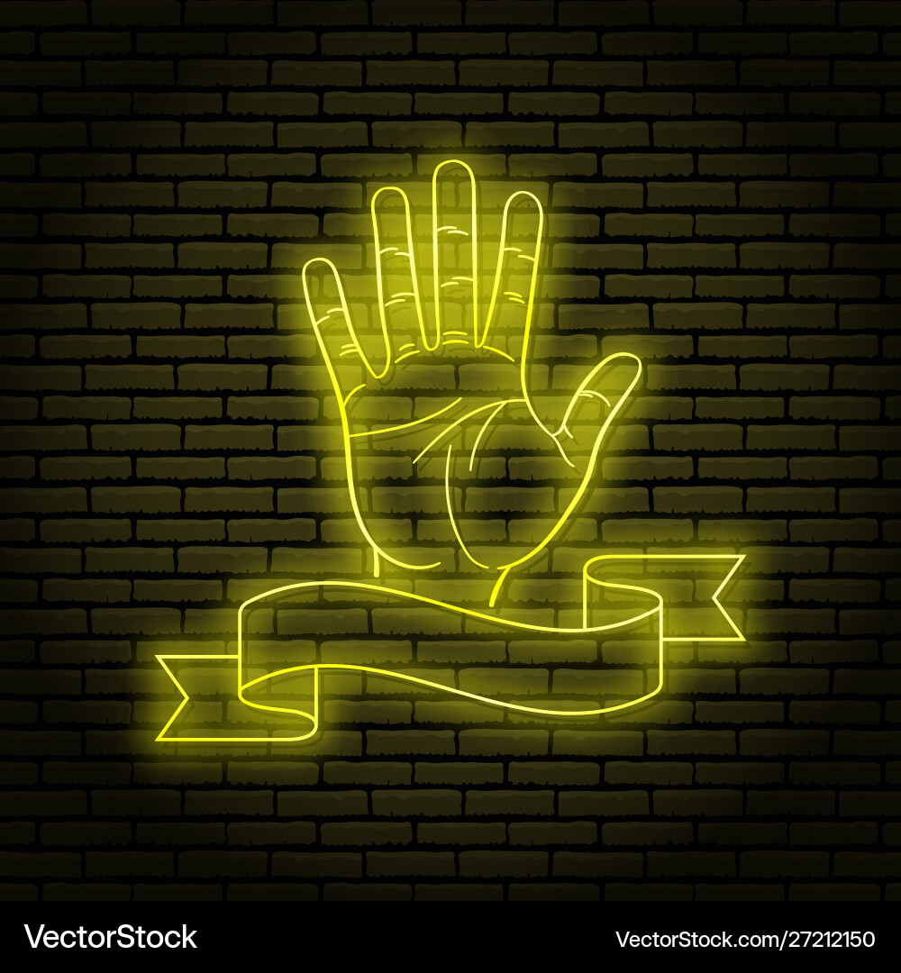 Neon sign with a yellow glow hand gesture open Vector Image