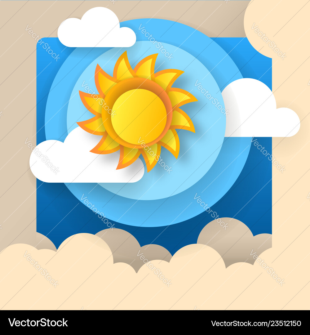 Paper sun in blue sky and white clouds Royalty Free Vector