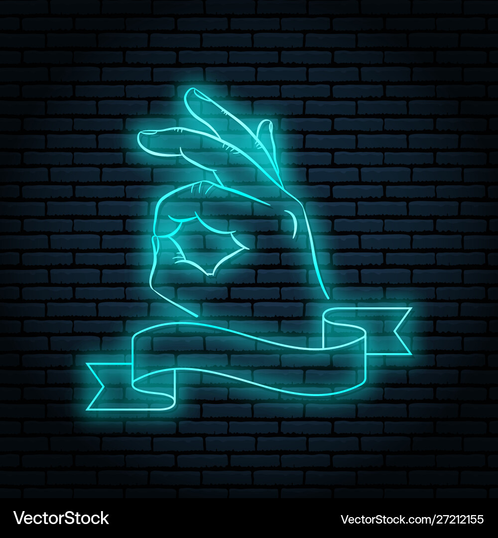 Neon sign with blue glow hand gesture shows ok Vector Image