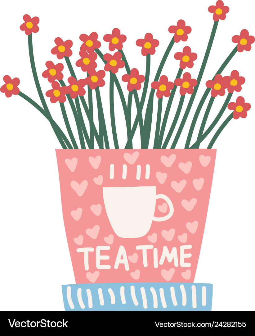 Red flowers growing in cute pink pot design Vector Image