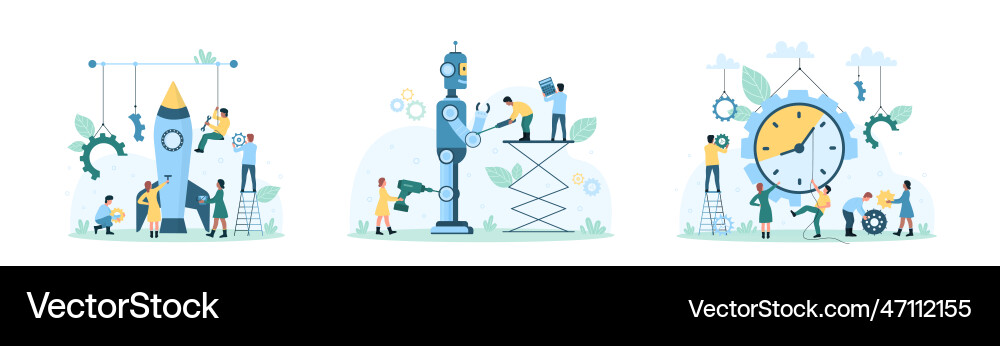 Tech startup set tiny people building rocket Vector Image