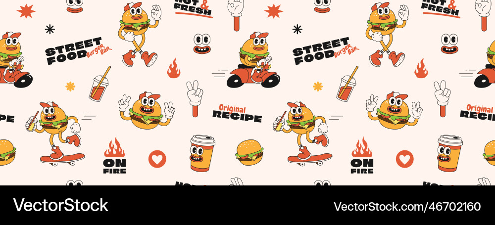 Burger retro cartoon fast food seamless pattern Vector Image