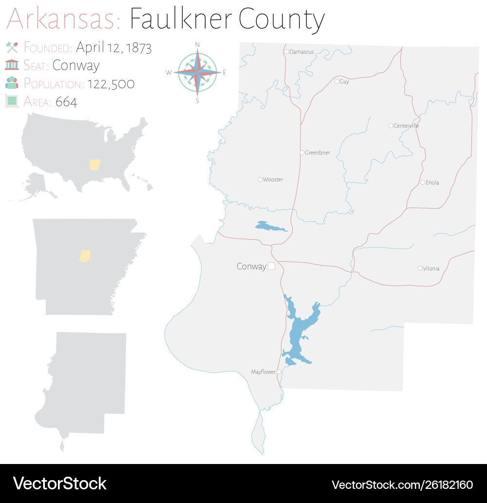 Map faulkner county in arkansas Royalty Free Vector Image