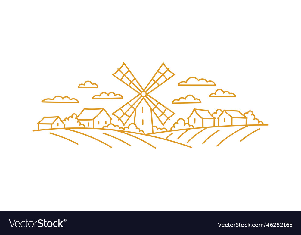 Landscape fields with a windmill line Royalty Free Vector