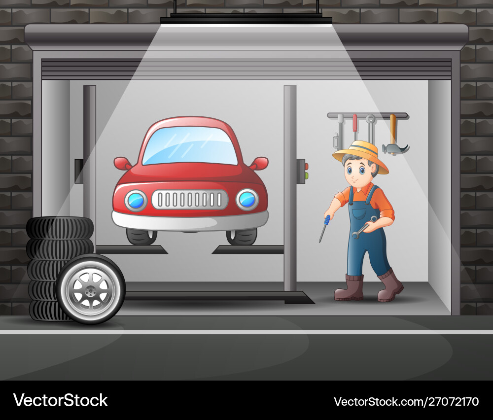 Cartoon workshop with mechanic crew repairing a ca