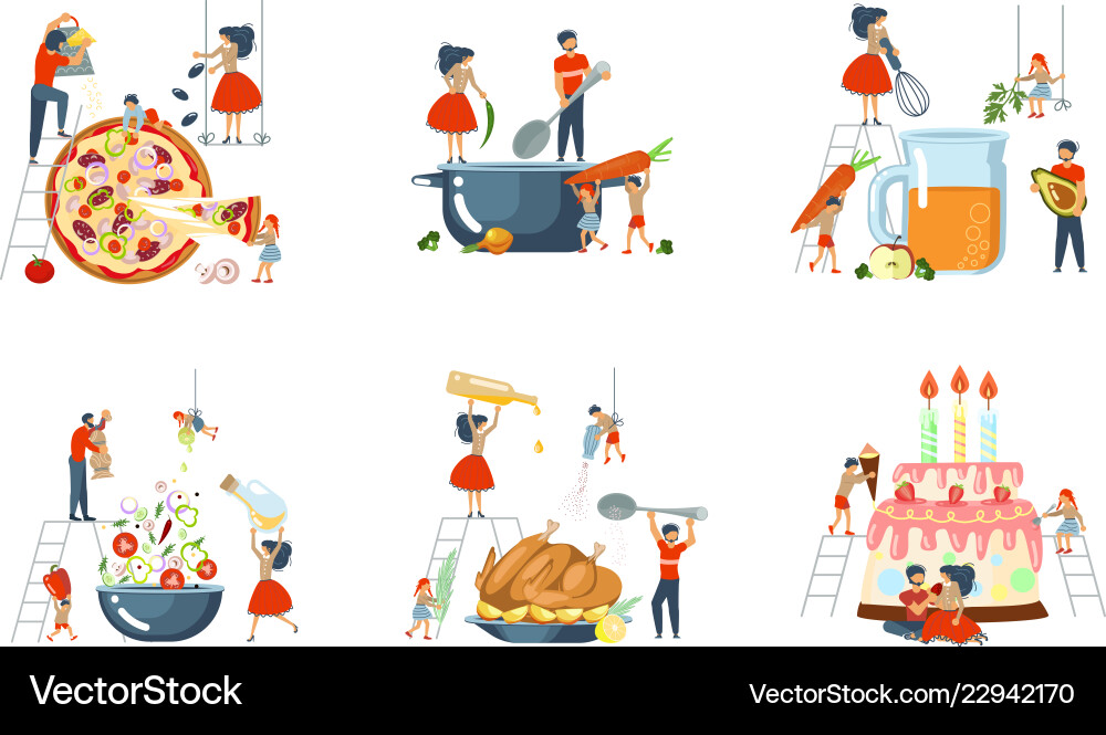 Happy family cooking together set Royalty Free Vector Image