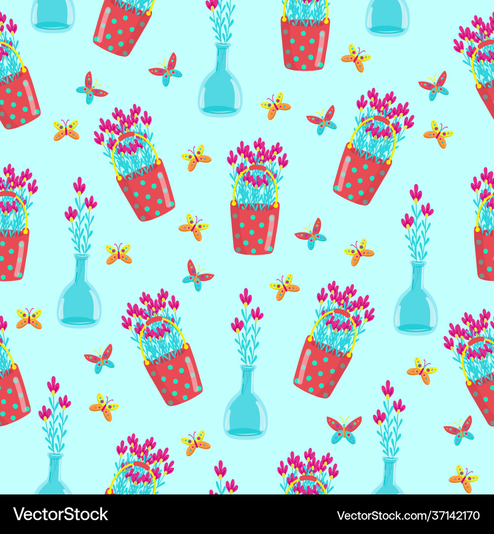 Seamless pattern with different flowers in pots Vector Image