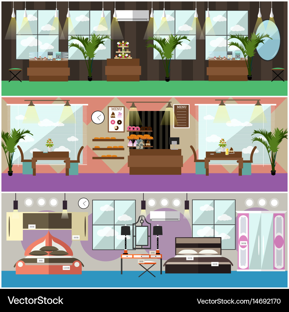 Set of shop interior concept flat posters Vector Image