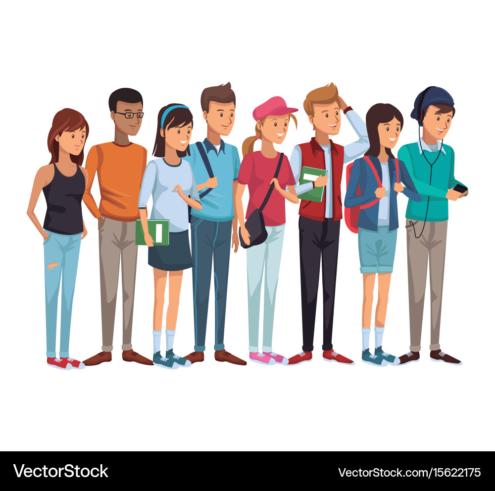 Colorful set group students teenagers standing Vector Image