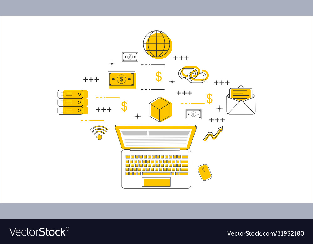 Computer with statistics infographics and set Vector Image