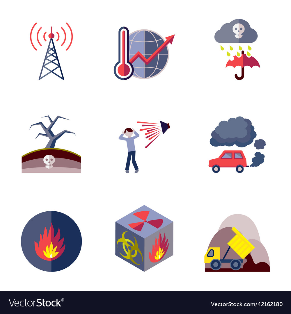 Pollution icons set flat Royalty Free Vector Image