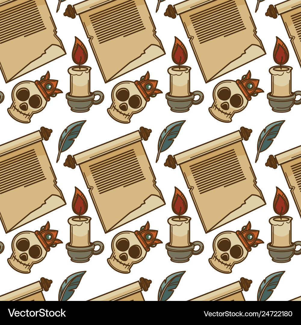 Skull in crown and feather paper scroll and candle