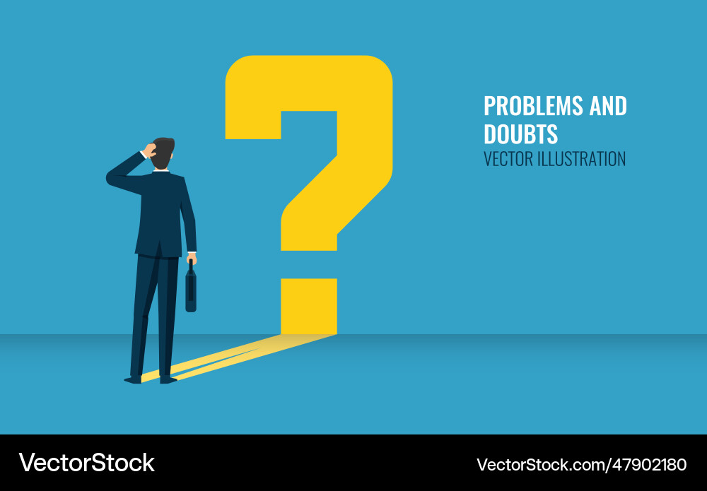 Standing businessman and his question mark symbol Vector Image
