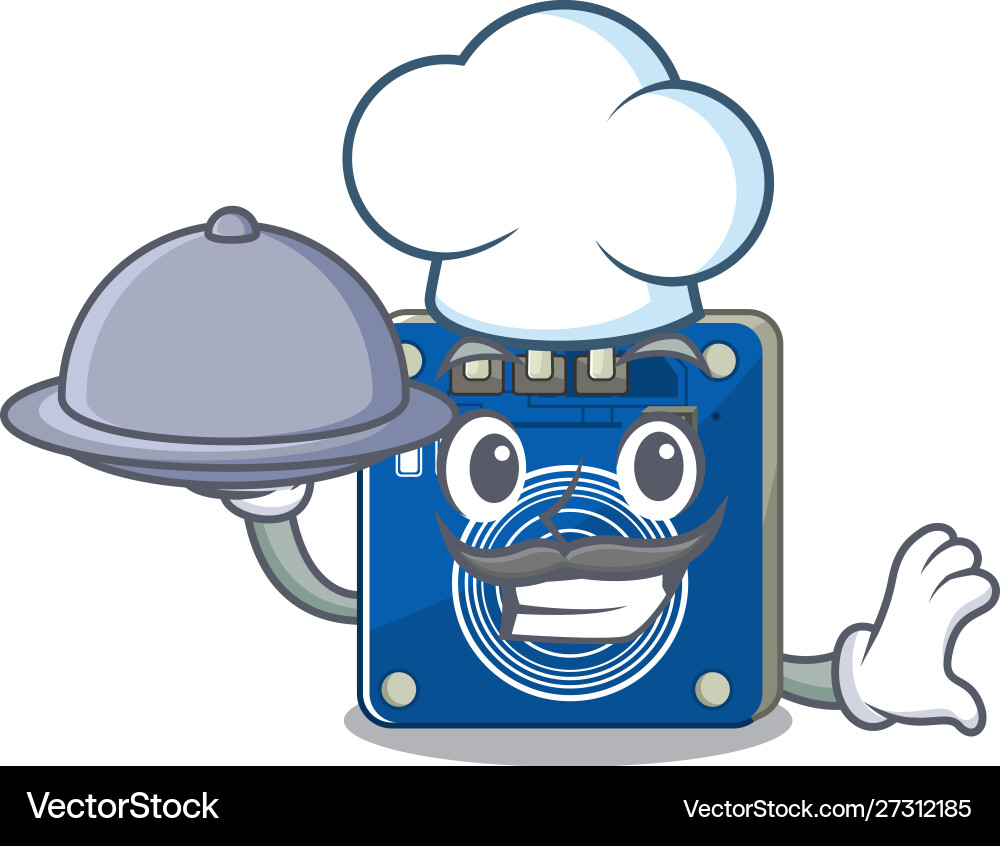 Chef with food touch sensor clings to mascot wall Vector Image