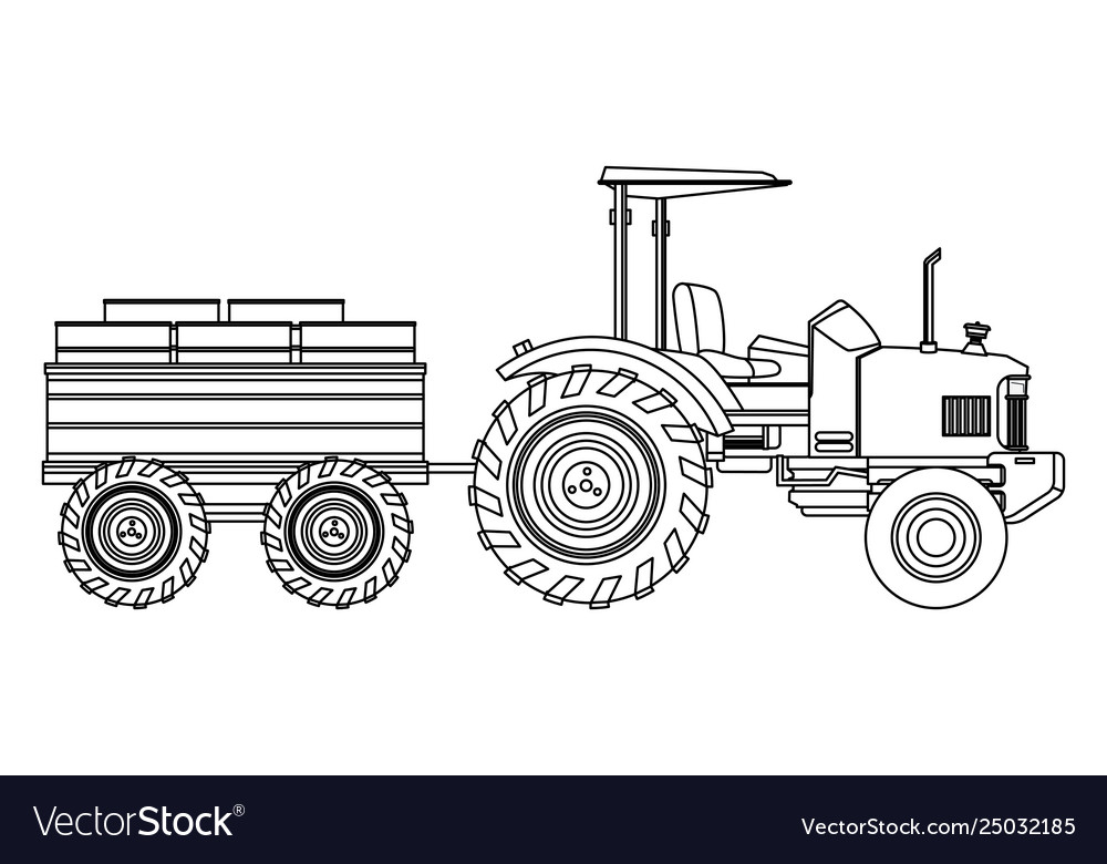 Farm truck tractor and trailer black white Vector Image