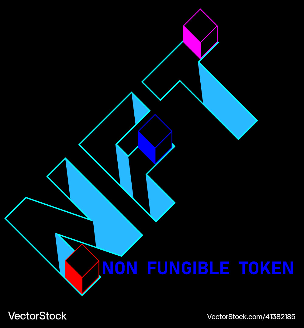 Non-fungible token logo with 3d shapes Royalty Free Vector