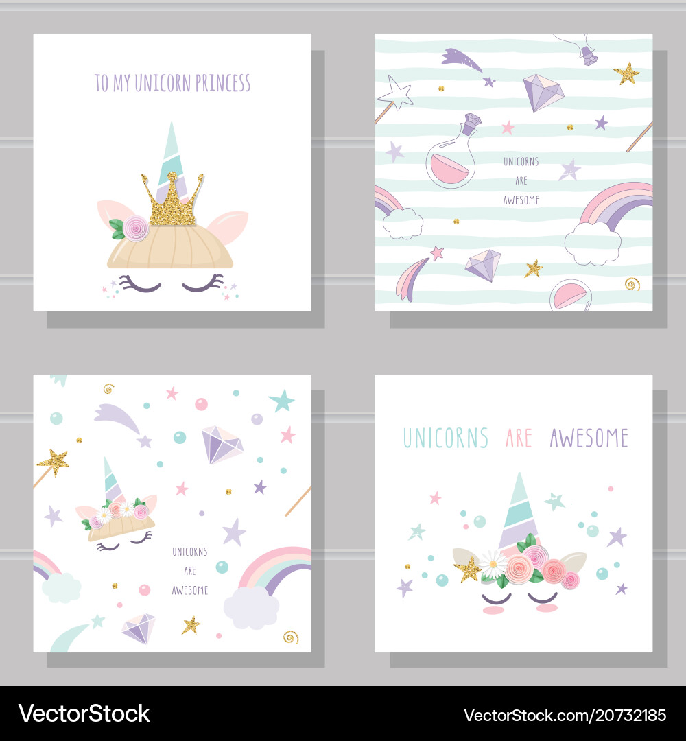Unicorn cute cards and seamless patterns set Vector Image