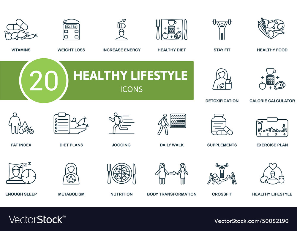 Healthy lifestyle outline icons set creative Vector Image