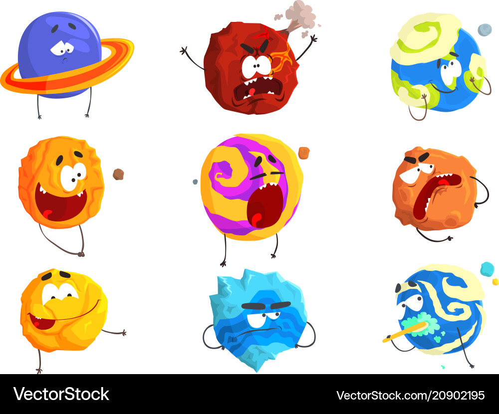 Colorful cartoon planets with funny faces and Vector Image