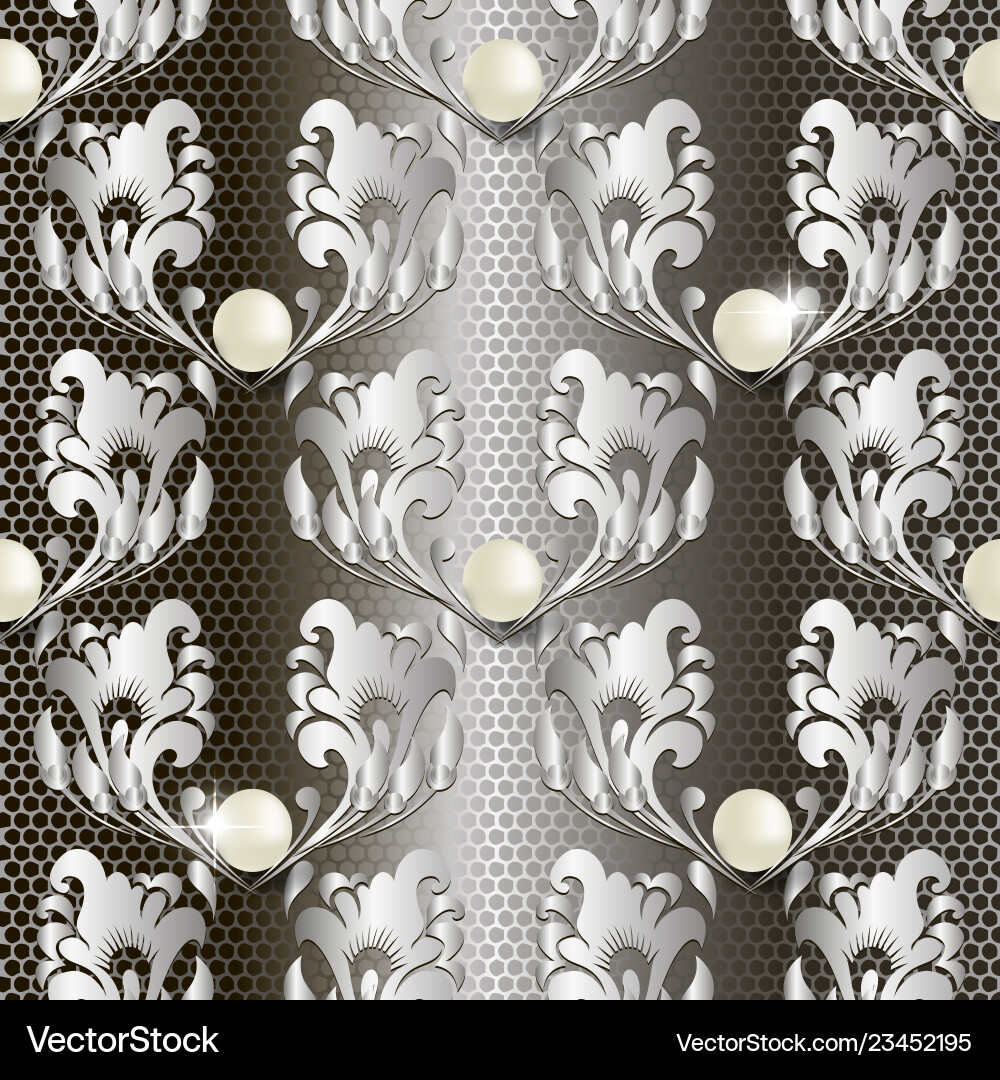 Pearls jewelry 3d baroque lace seamless pattern Vector Image