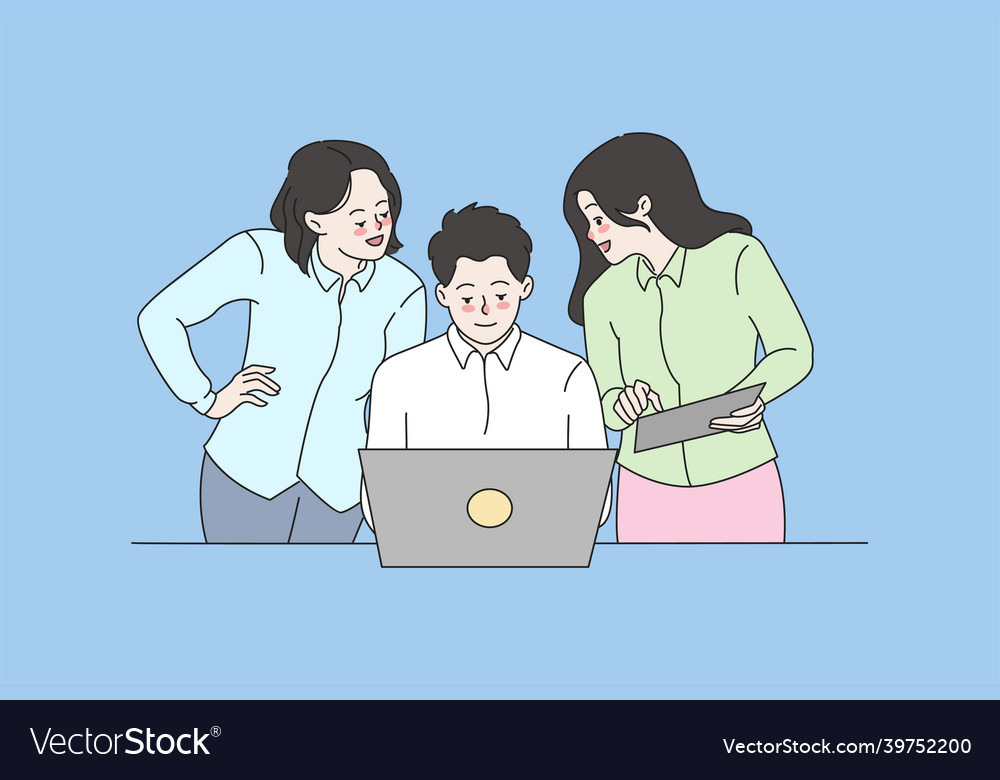 Colleagues work together on computer discuss Vector Image