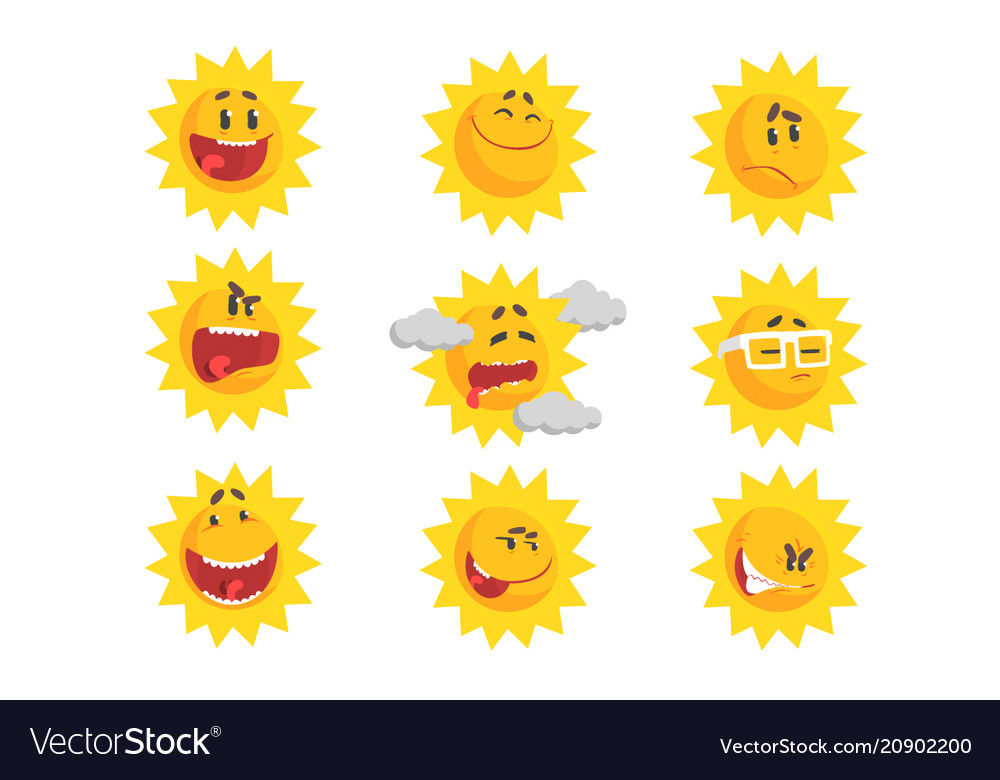 Cute cartoon sun emojis emotional face set Vector Image