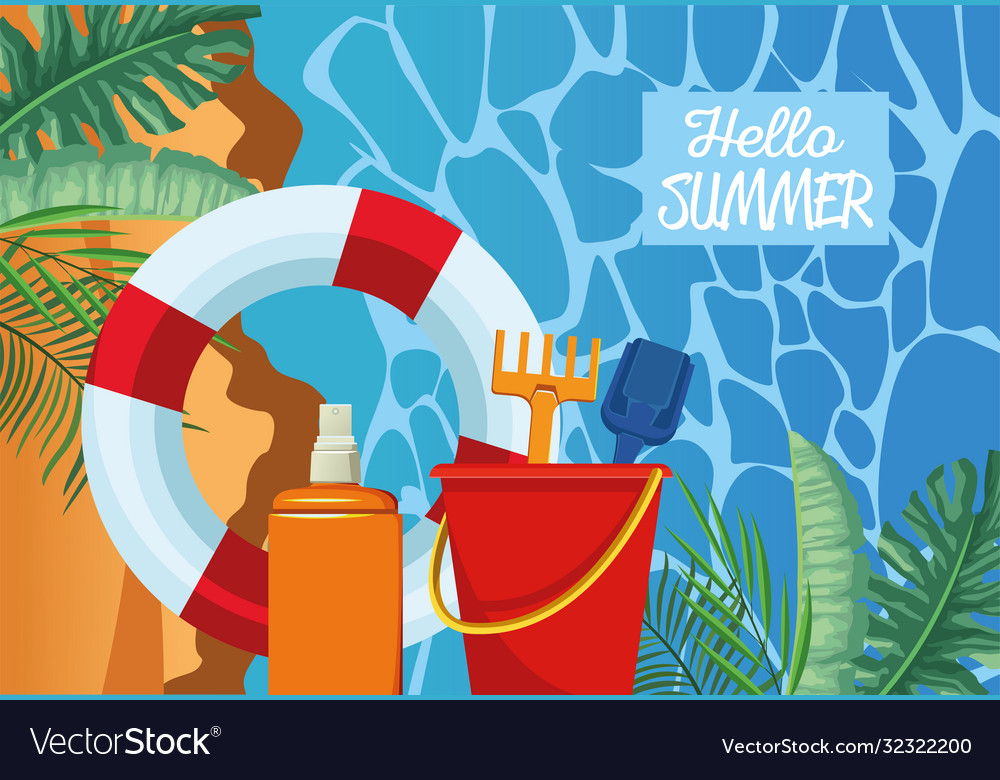 Hello summer seasonal scene with lifeguard float Vector Image