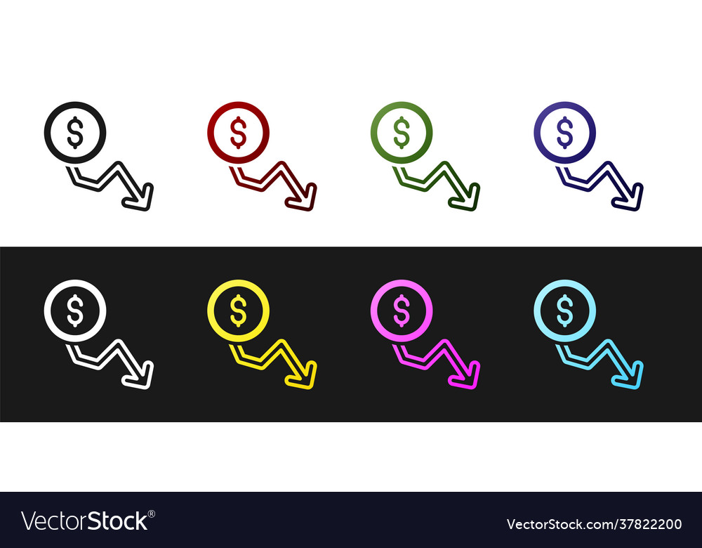Set dollar rate decrease icon isolated on black Vector Image