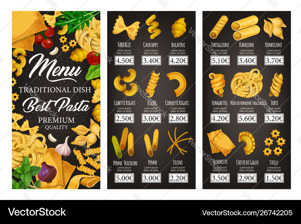 Italian pasta menu spaghetti penne macaroni Vector Image