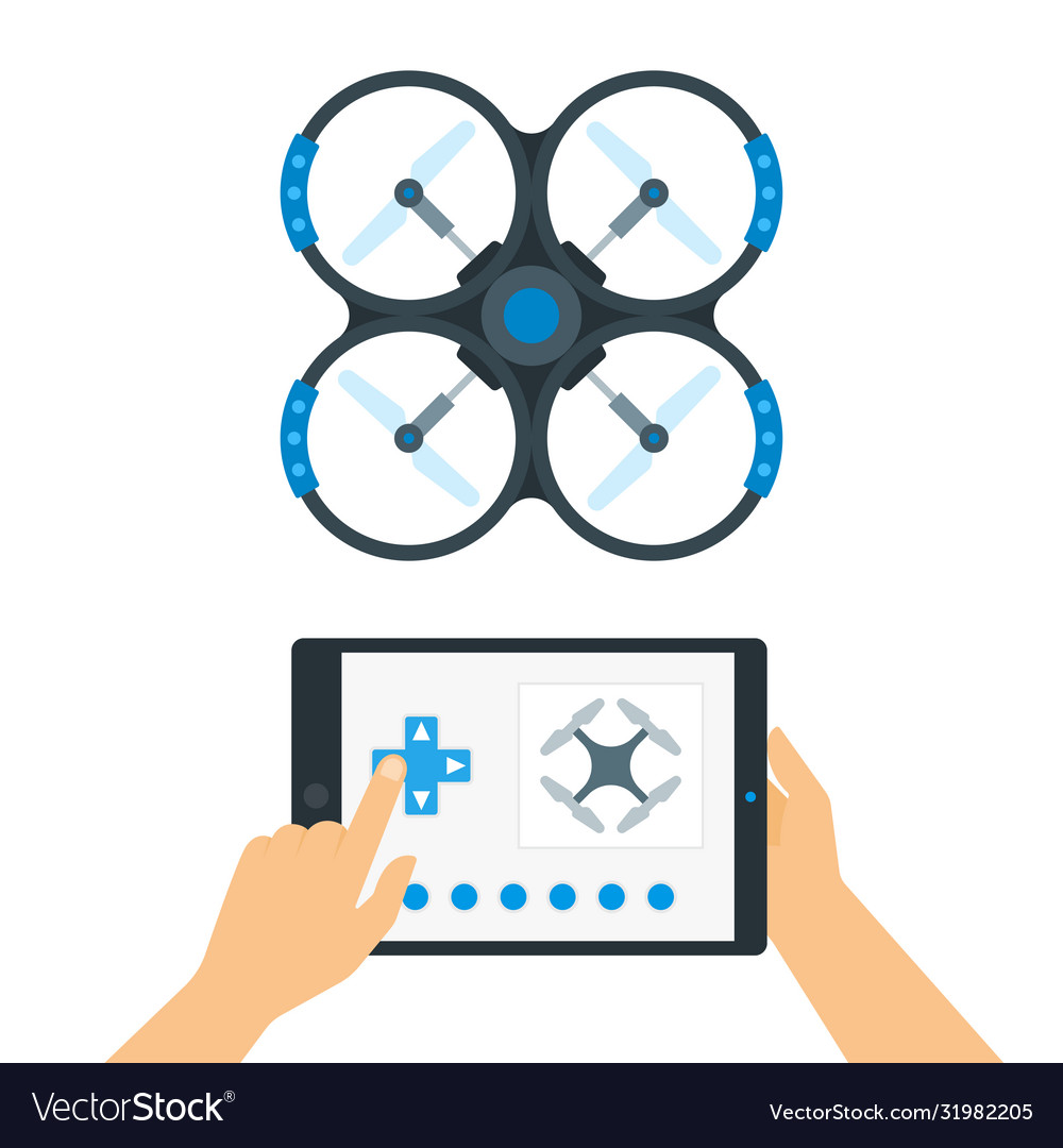 Man controls a drone using mobile application Vector Image