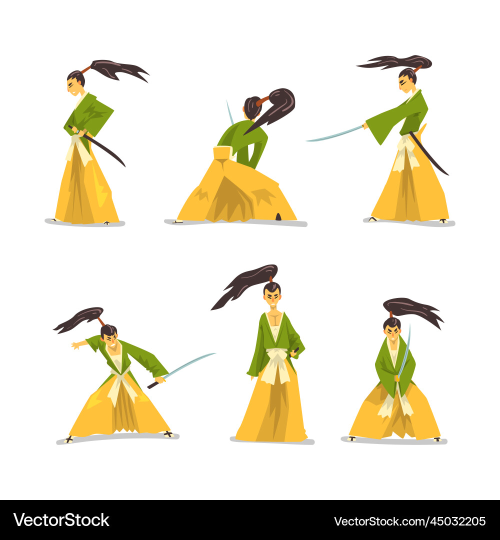 Samurai in traditional kimono fighting with katana