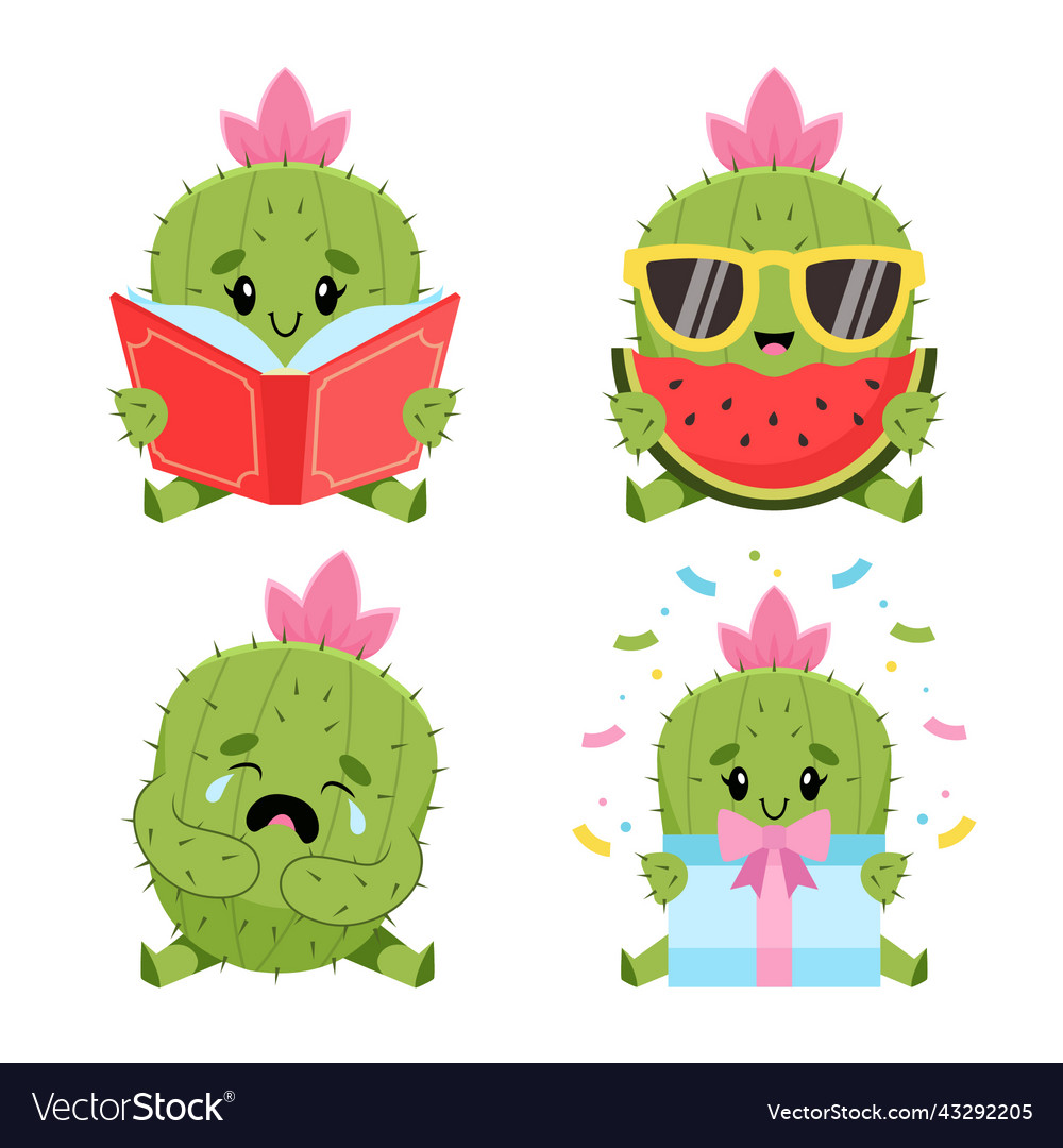 Set of cute hand-drawn cactuses reading book Vector Image