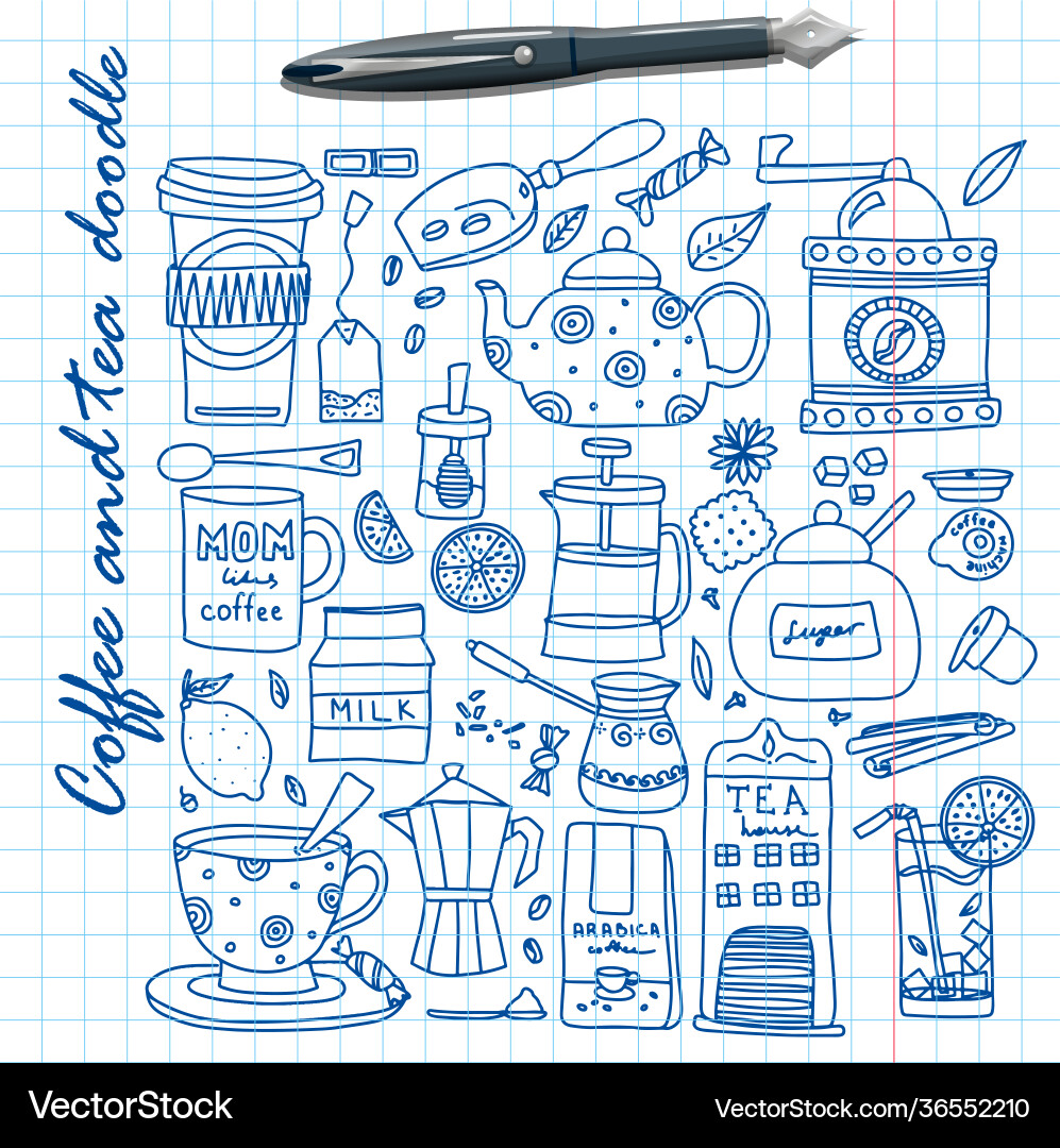 Big set hand drawn coffee and tea doodles Vector Image