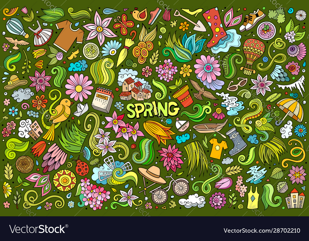 Doodle cartoon set spring objects Royalty Free Vector Image