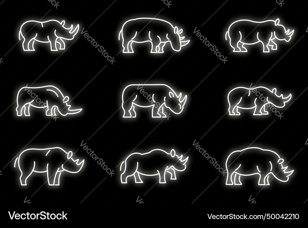 Rhino icons set neon Royalty Free Vector Image