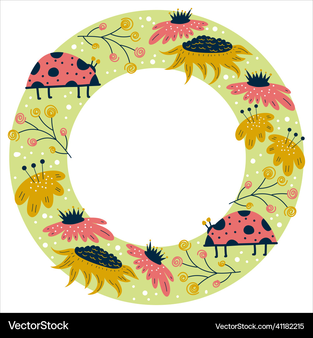 Frame round spring with ladybug and sunflower Vector Image