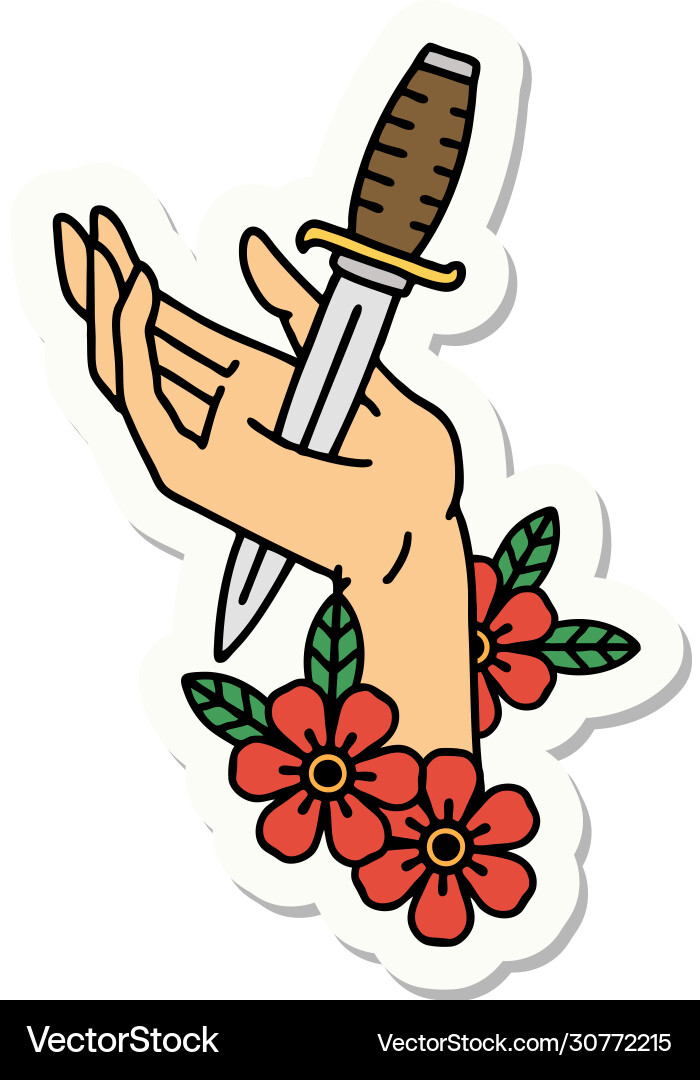 Tattoo style sticker a dagger in hand Royalty Free Vector