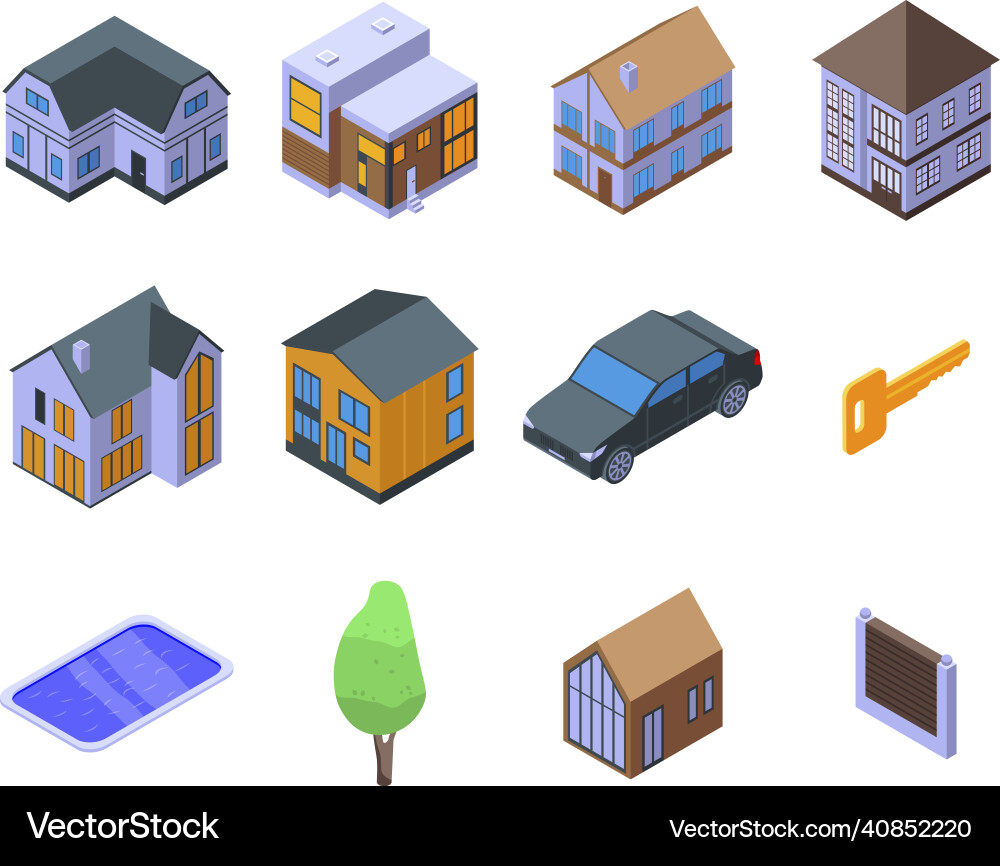 Cottage icons set isometric style Royalty Free Vector Image