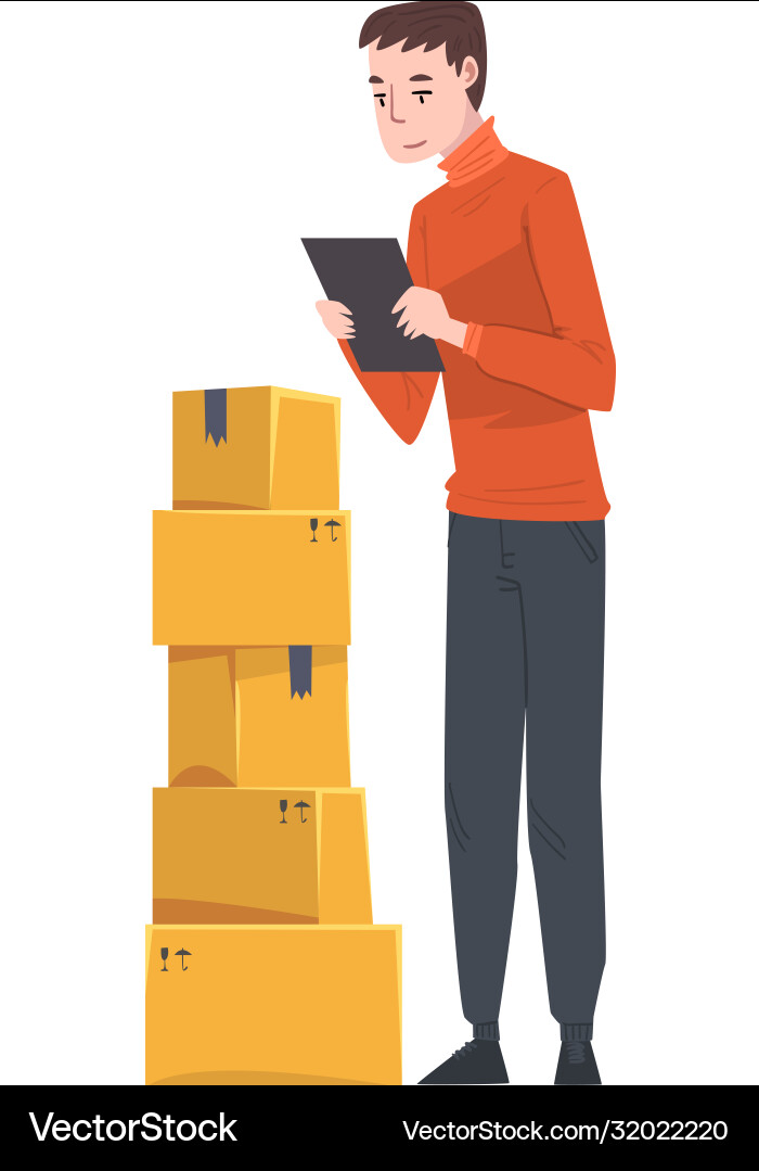 Man checking cardboard boxes in warehouse male Vector Image