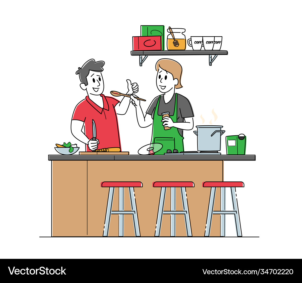 Young couple characters cooking together Vector Image