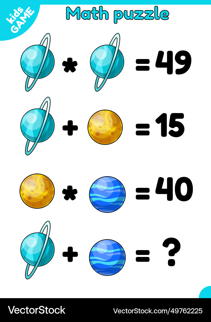 Math kids game space puzzle with cartoon planets Vector Image