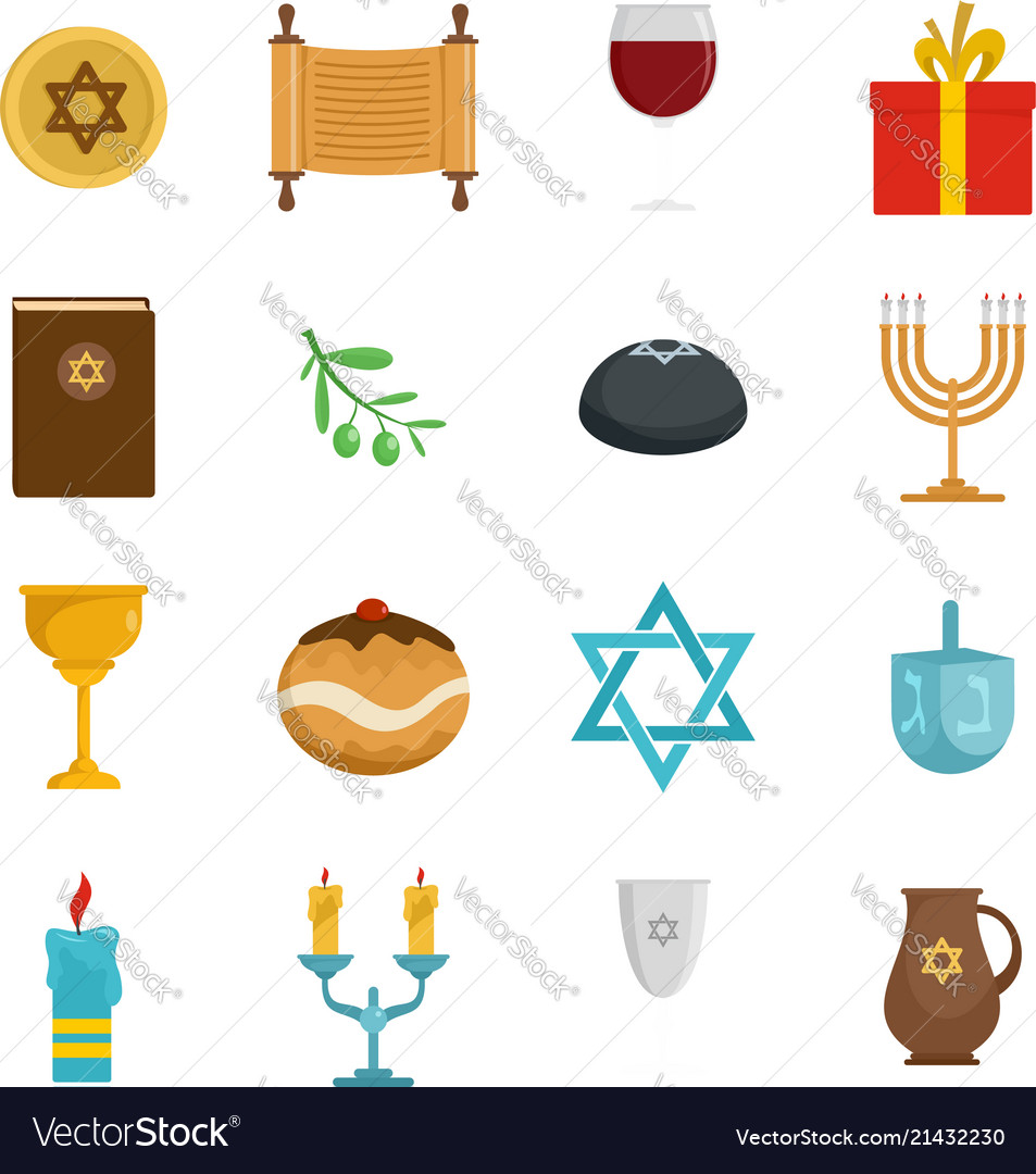 Chanukah jewish holiday icons set flat style Vector Image