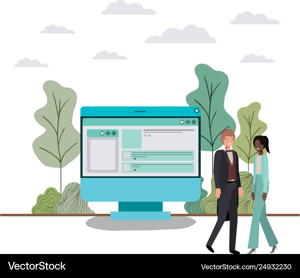 Couple business with computer desktop avatar Vector Image