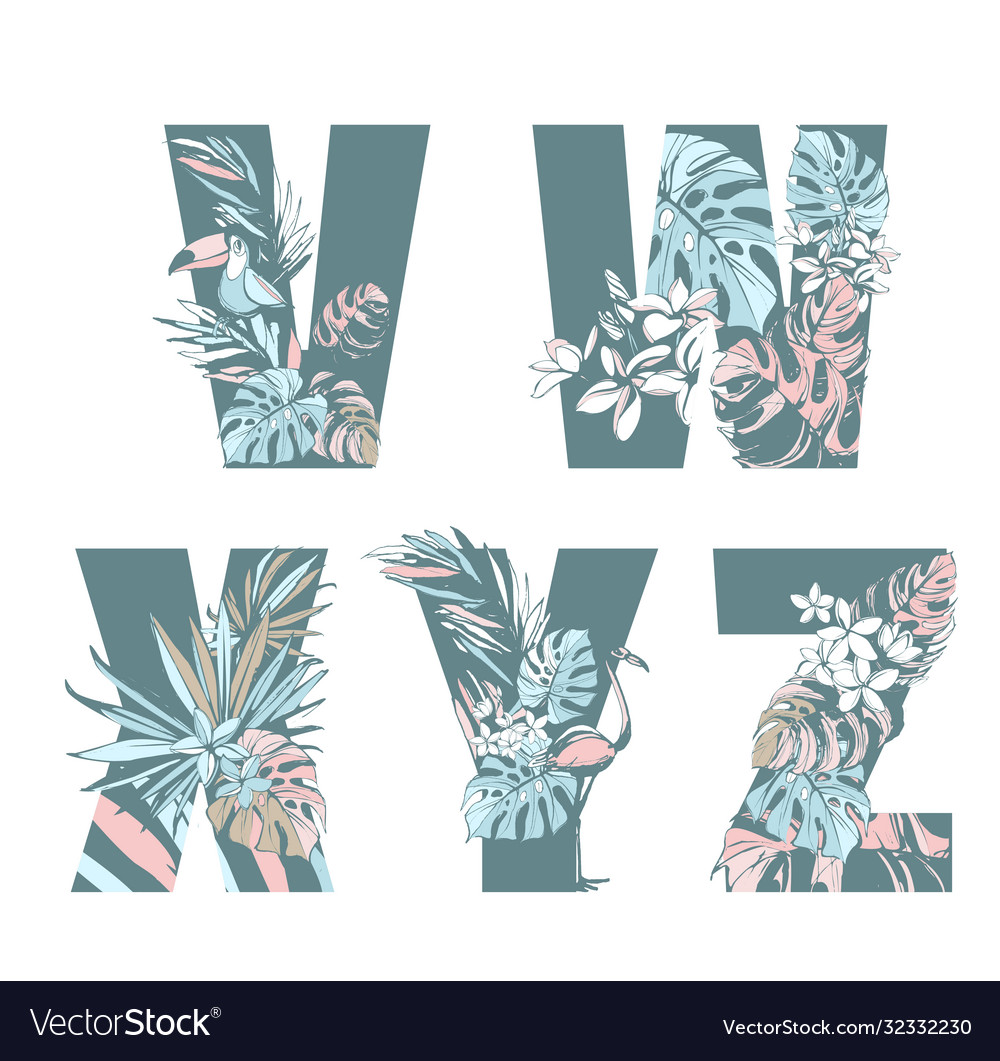 Decorative set tropical pattern letters alphabet Vector Image