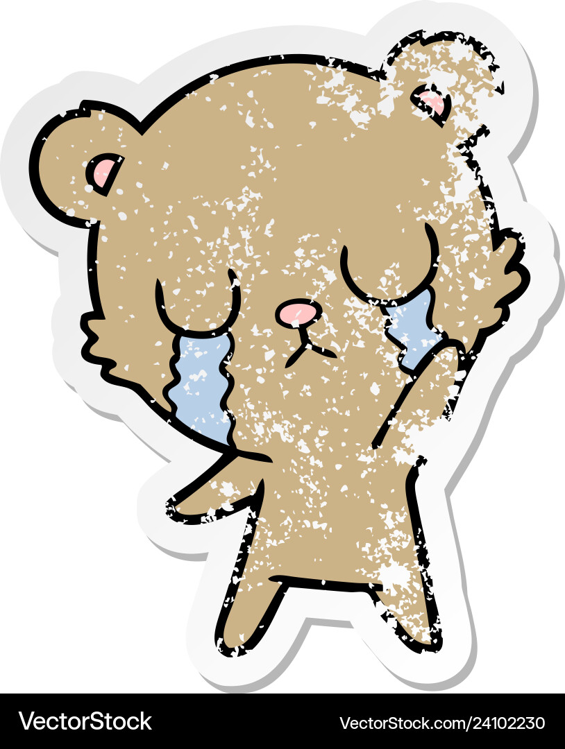 Distressed sticker a crying cartoon bear waving Vector Image